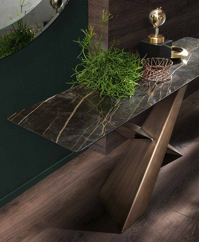 Living, fixed console table with wood, ceramic, crystal top - Riflessi