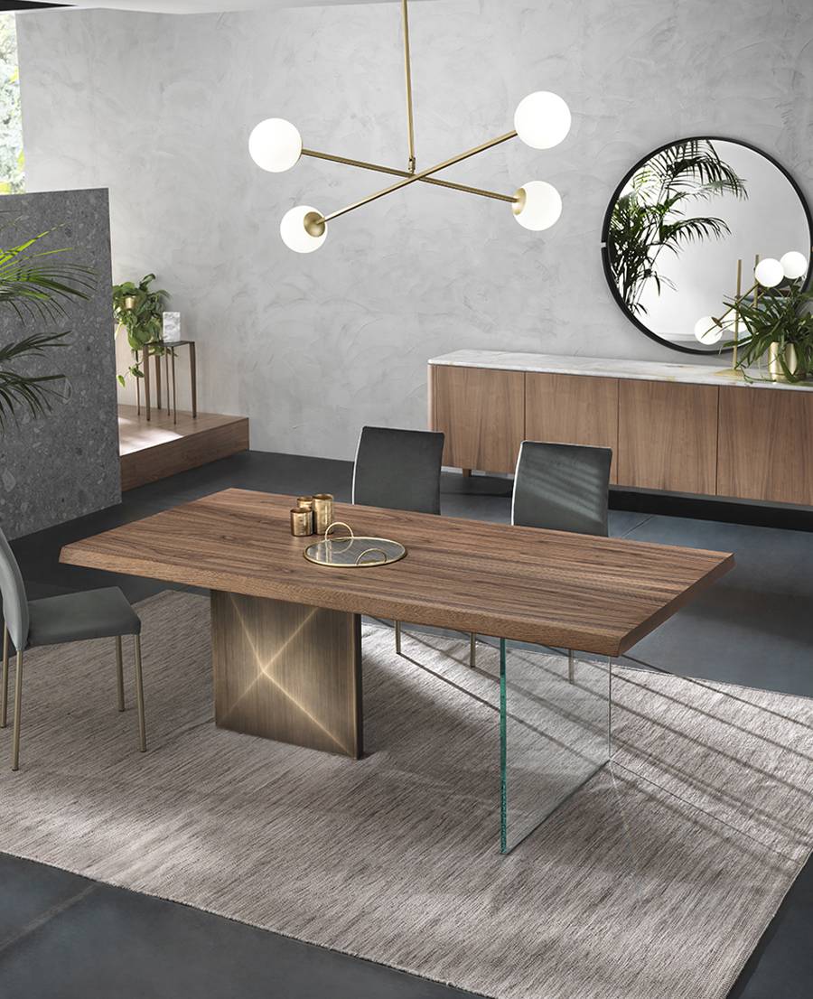 Cubric, table with wooden top, steel base and crystal - Riflessi